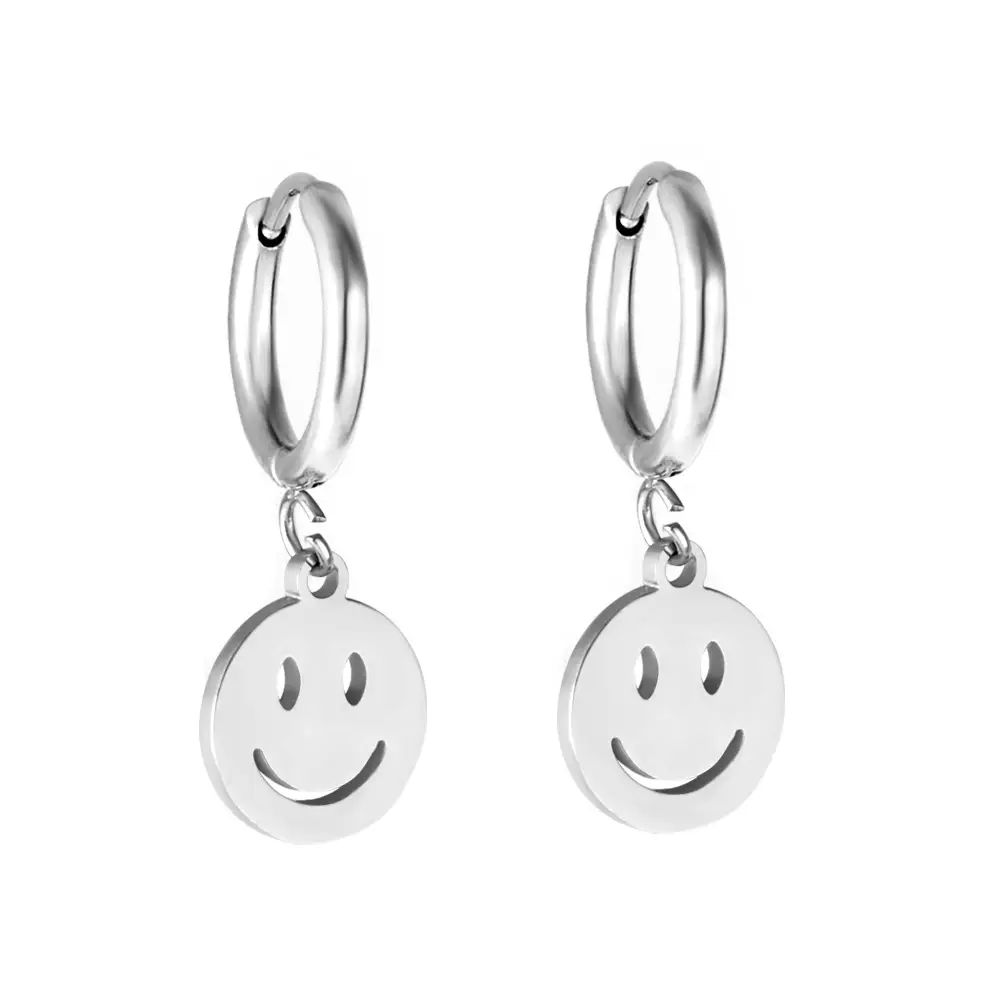 Silver Tone Stainless Steel Smiley Face Dangle Earrings, Minimalist ...