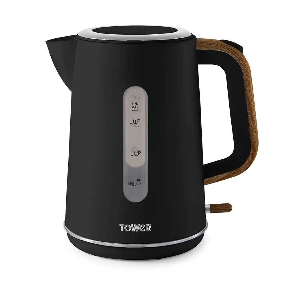 Tower Scandi Kettle, Rapid Boil, 1.7L, 3kW, Black & Wood-Effect Accents ...