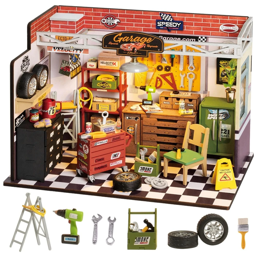 Robotime Rolife Garage Workshop DIY Dollhouse Kit 24x14.9x17.1cm 1PC ...