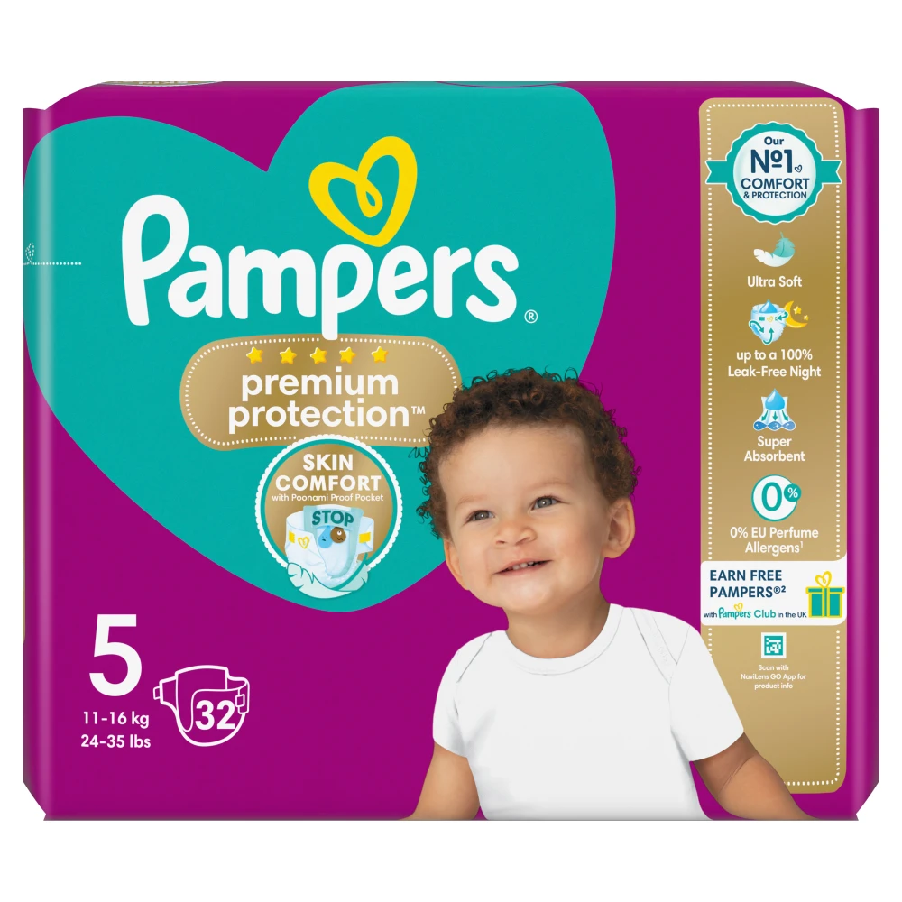 Pampers Premium Protection Size 5, 32 Nappies, 11kg-16kg, Essential ...