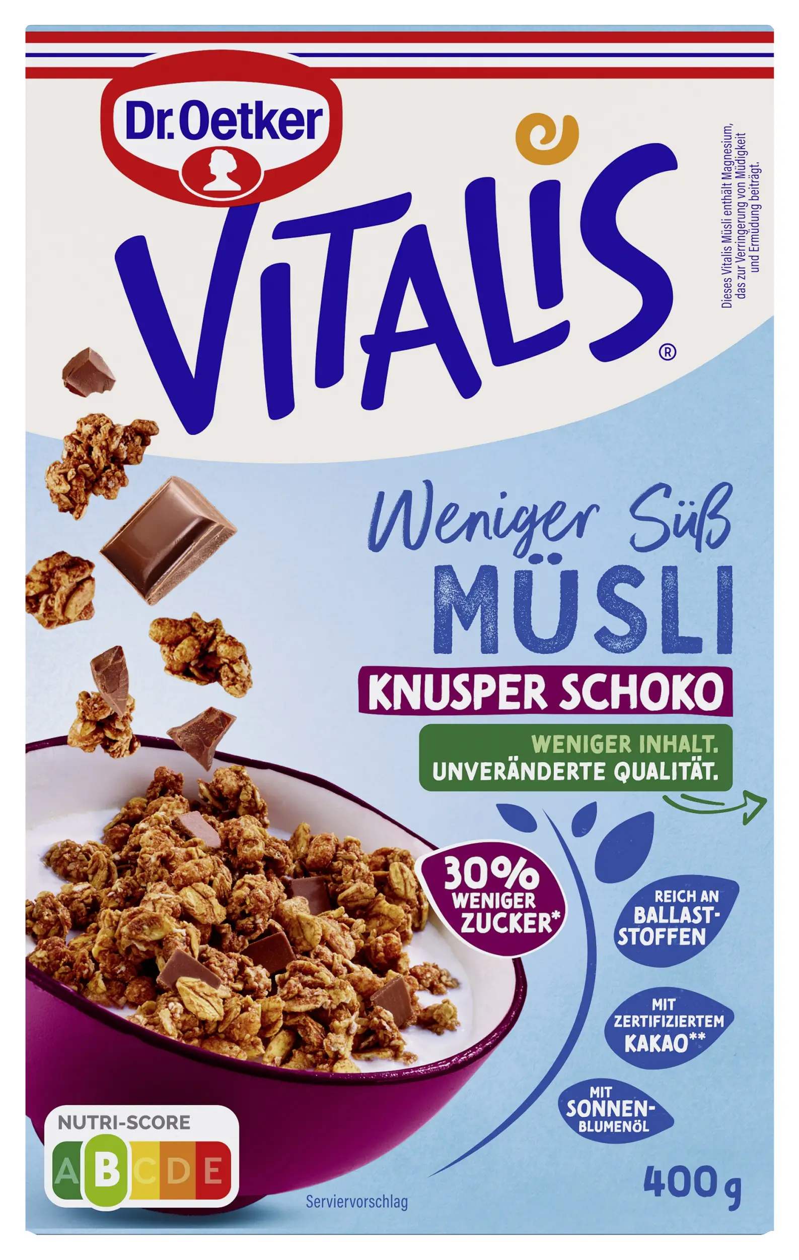 Dr. Oetker Vitalis Weniger Süß Knusper Schoko Müsli 400 g | Cerealien ...
