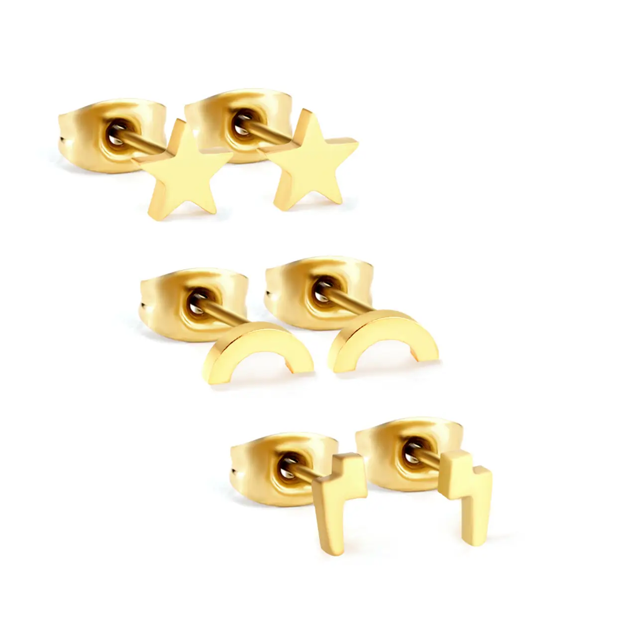 3 Pairs Mismatched Stud Earrings Set – 18k Pvd Gold Plated Stainless ...